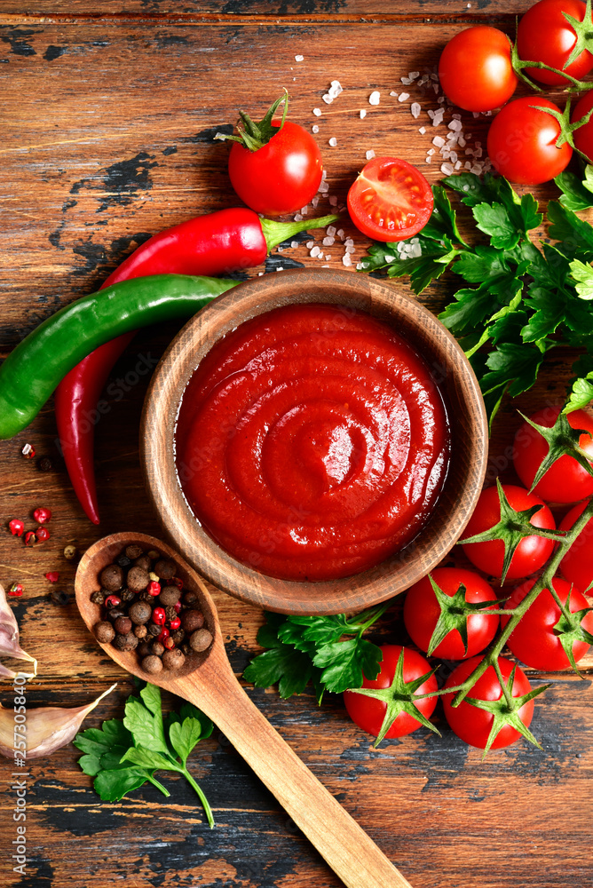 Fresh homemade ketchup with ingredients for making.Top view with copy ...