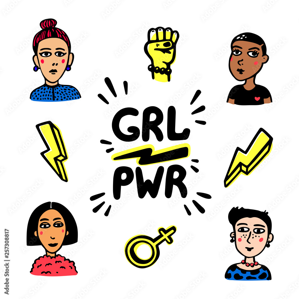 Girl power movement. Doodle style Girl portraits and feminist slogan ...