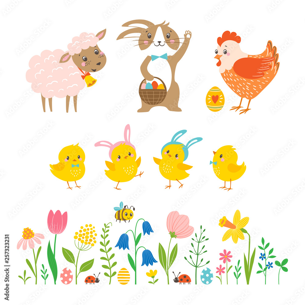 Set of cute Easter characters and design elements Stock Vector | Adobe ...
