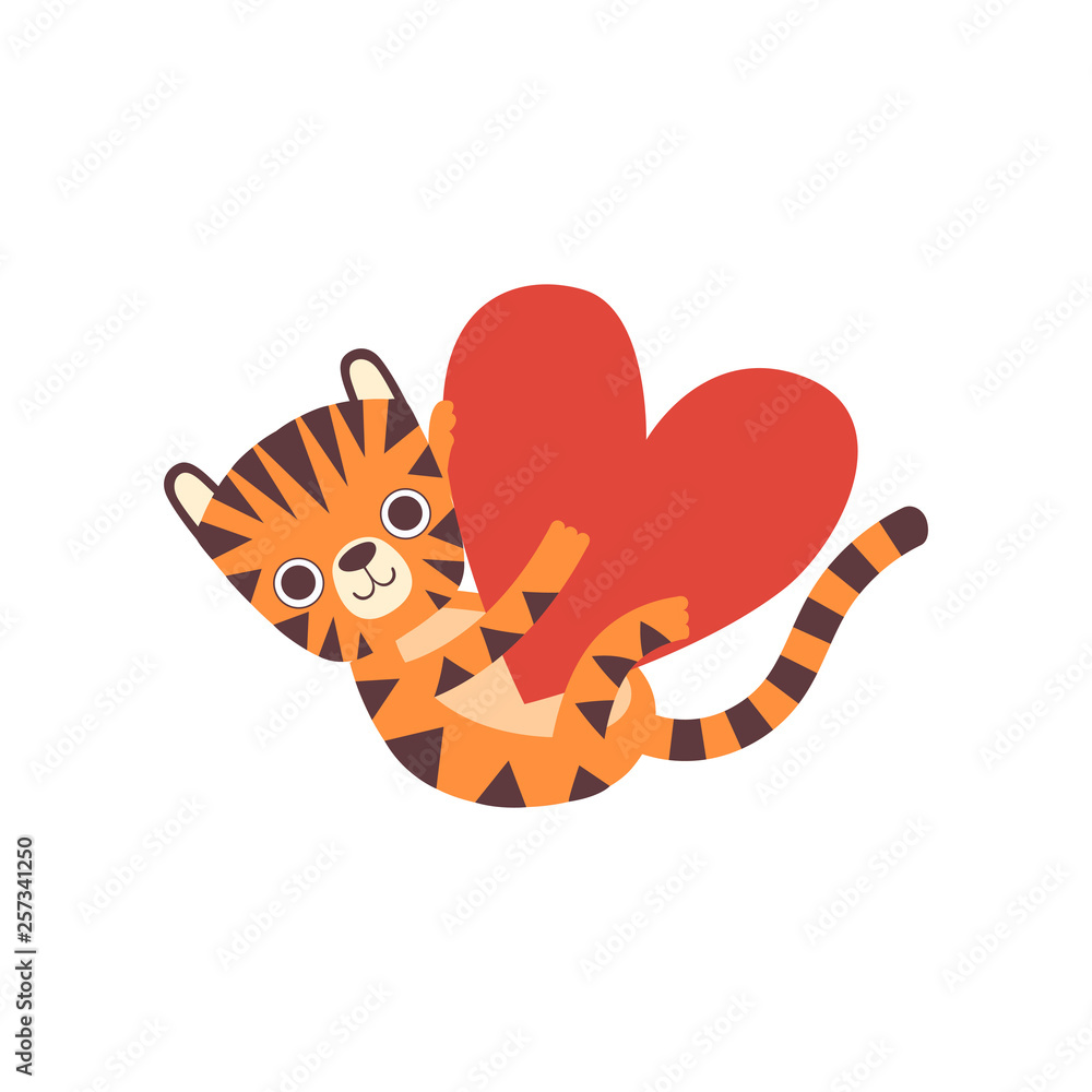 Cute Little Tiger Holding Big Heart, Adorable Wild Animal Cartoon ...