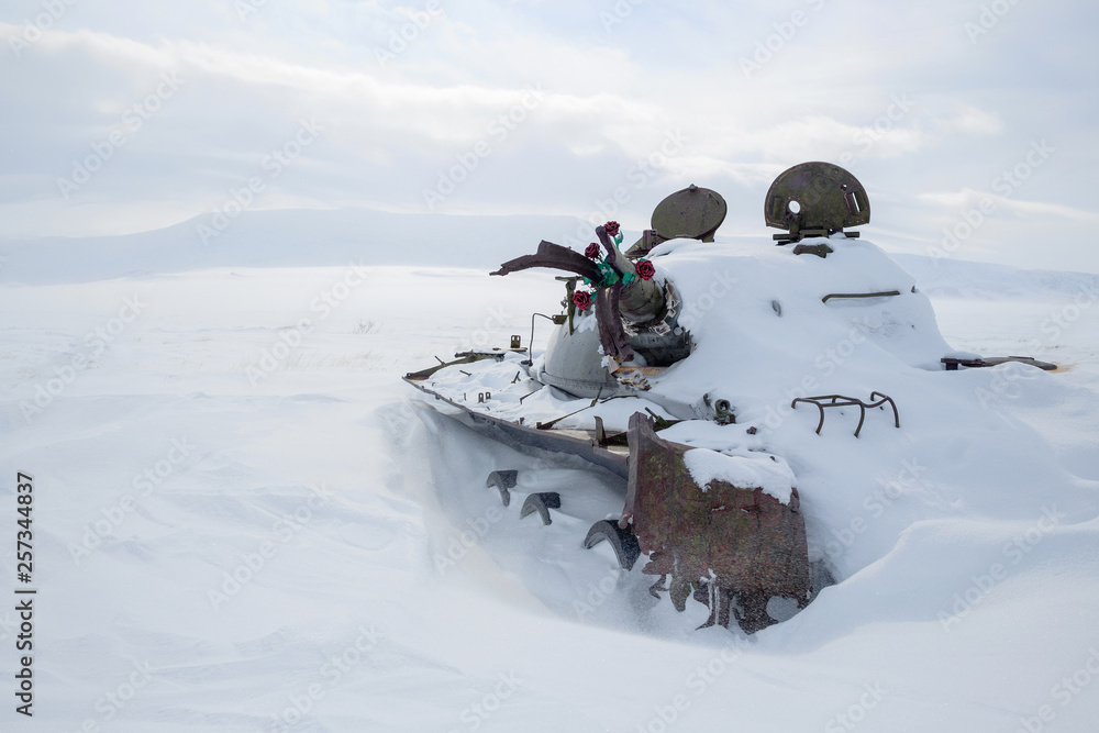 Broken old Soviet military tank on an abandoned armor training area in ...