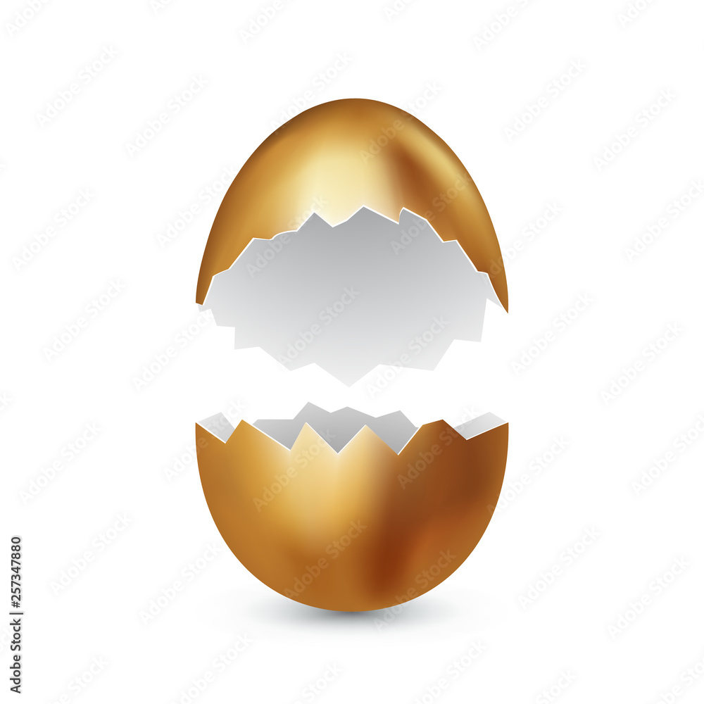 Broken golden easter egg on white background. Colored eggs. Cracked ...