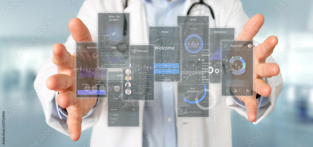 Doctor holding User interface screens with icon, stats and data 3d ...