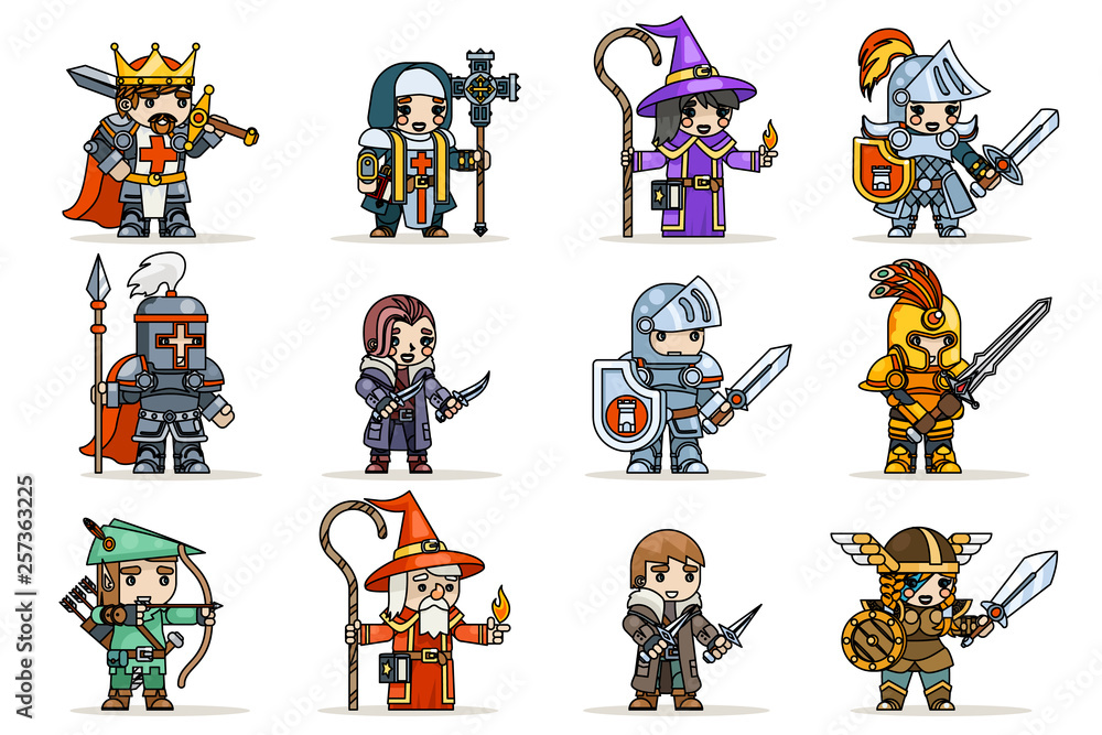 Lineart fantasy set rpg game heroes character vector icons flat design ...