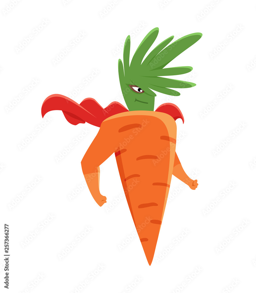 Cartoon superhero carrot character standing with arms in comics costume ...