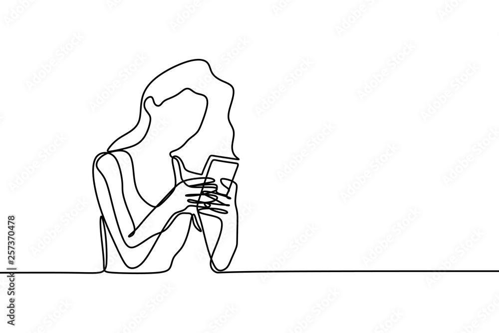 Continuous one line drawing of girl playing and using mobile phone or ...