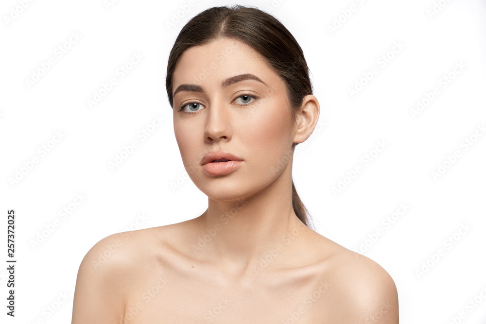 Beautiful female model with perfect skin, bare shoulders. Stock Photo ...