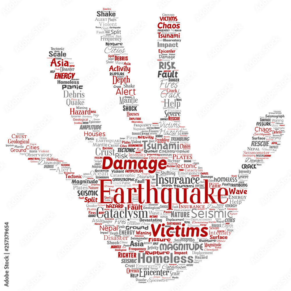 Vector conceptual earthquake activity hand print stamp word cloud ...