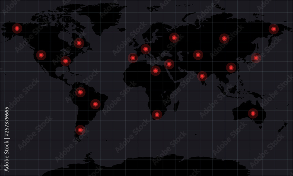 World map with danger signs around the world. Symbols launch weapons or ...