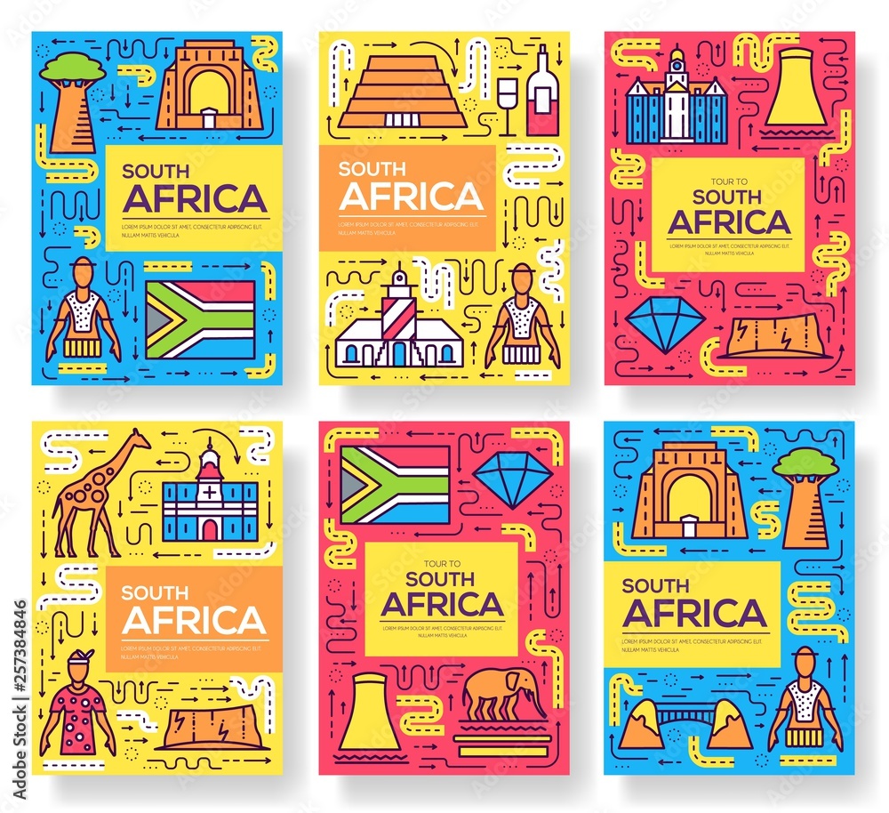 South Africa vector brochure cards thin line set. Country template of ...
