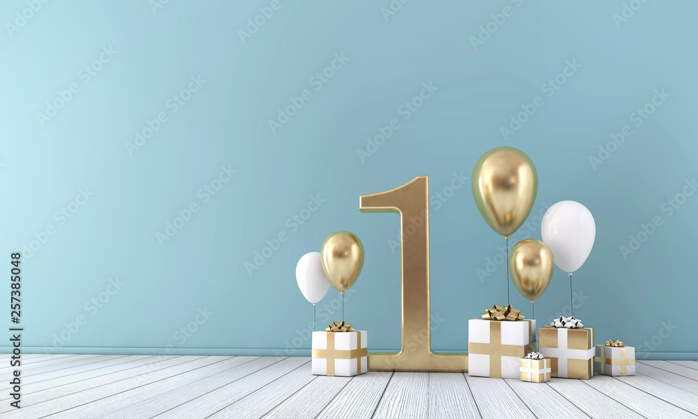 Number 1 party celebration room with gold and white balloons and gift ...