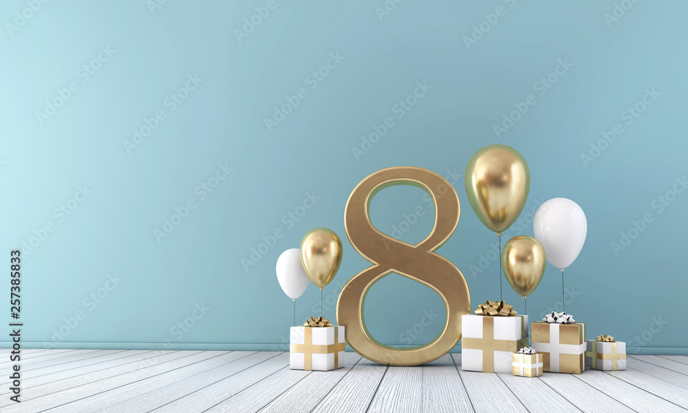 Number 8 party celebration room with gold and white balloons and gift ...