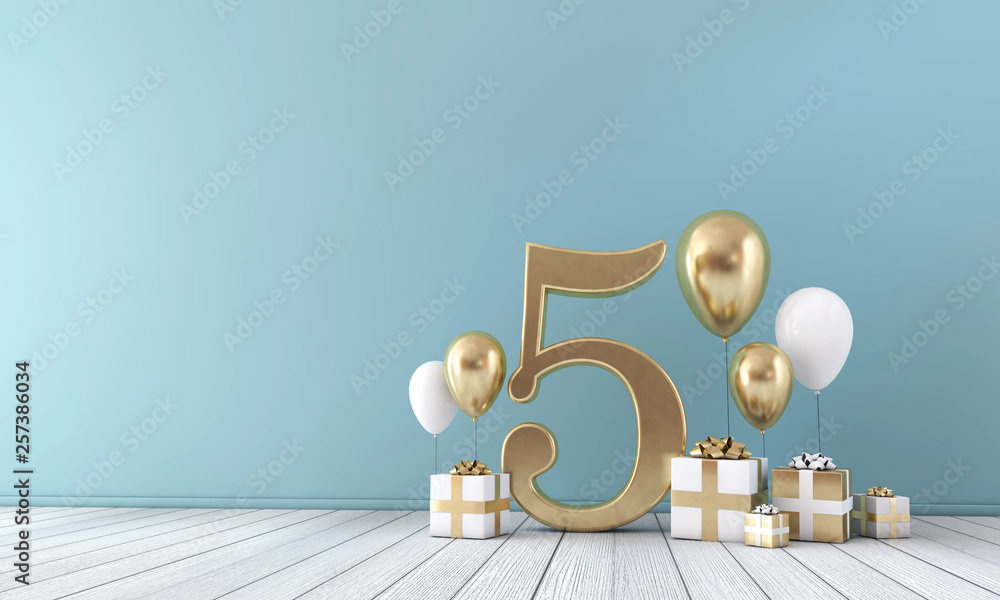 Number 5 party celebration room with gold and white balloons and gift ...