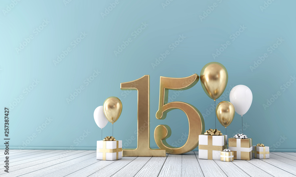 Number 15 party celebration room with gold and white balloons and gift ...