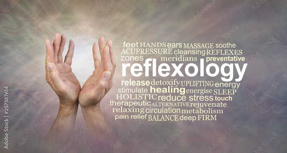 Masculine Reflexology Word Cloud Banner - pair of male hands with light ...