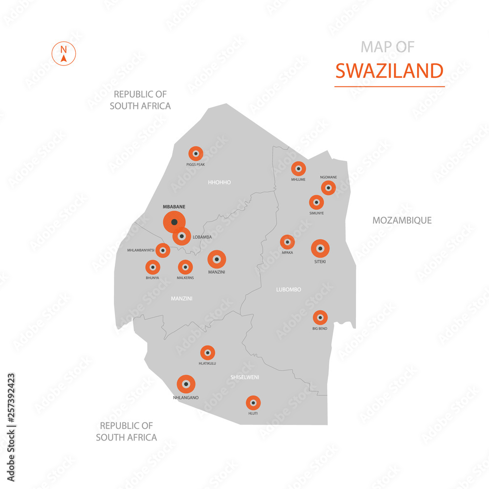 Stylized vector Swaziland map showing big cities, capital Mbabane ...