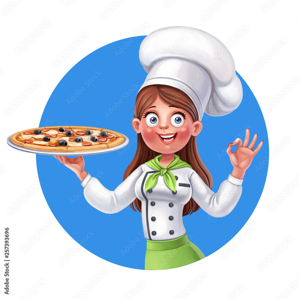 Emblem with cute cartoon girl cook holds in her hand a big dish with ...