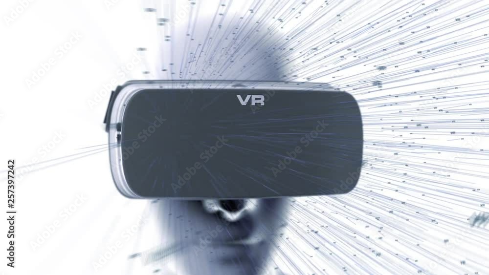 3D animation of a head with VR glasses in a bright environment.Lines ...