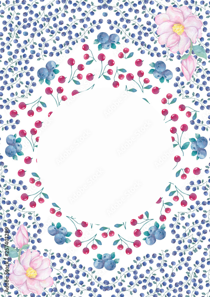 Blueberry and currant watercolor card frame. berry background ...