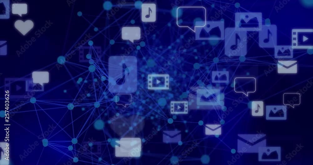 Flying through a computer network. Moving structure of dots and lines ...