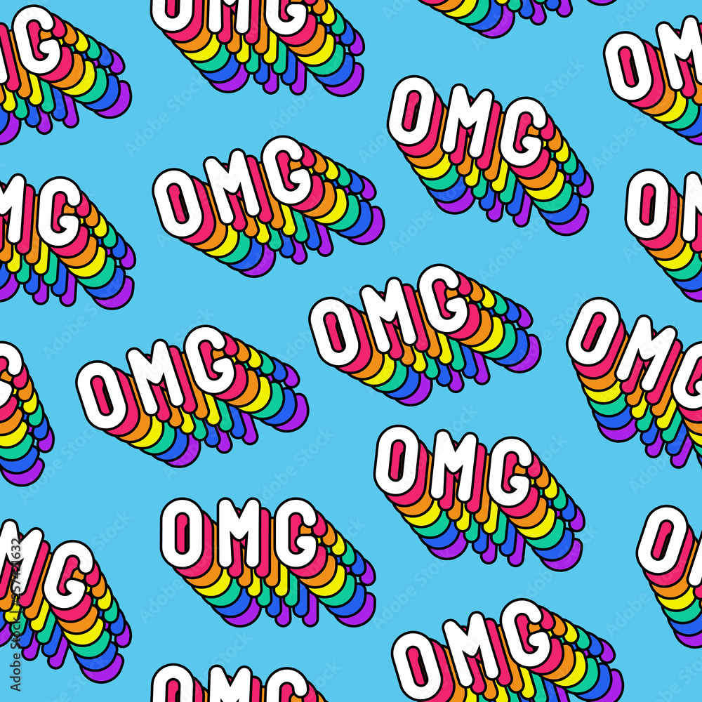 Seamless pattern with words “OMG” ("Oh my god!") on bright blue ...