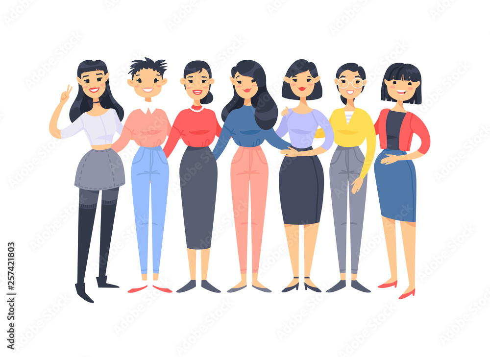 Set of a group of different asian american women. Cartoon style ...