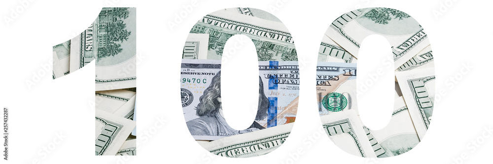 The 100 digit symbol is made of money on a white background. Stock ...