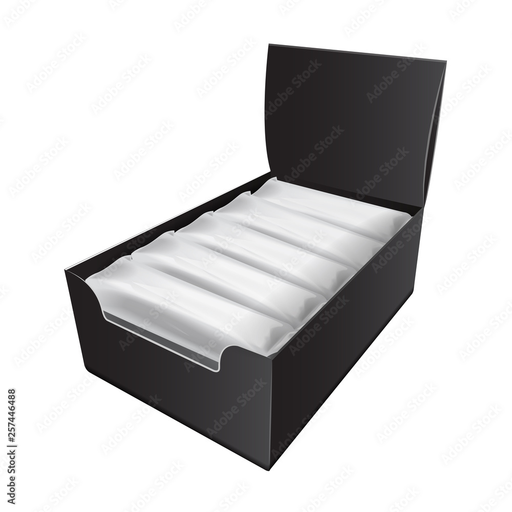 Retail and shelf black paper box mockup. Side view. Vector template for ...