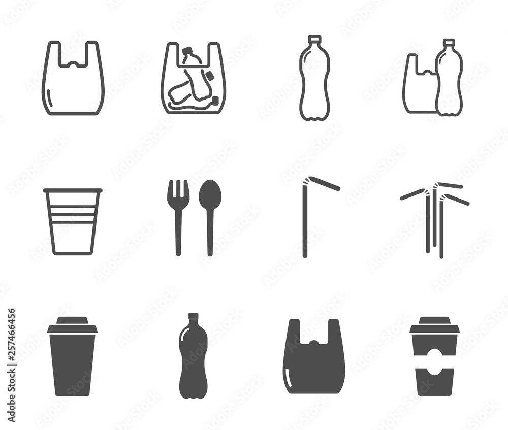 plastic products vector icon set. plastic bag, bottle, cup and straws ...