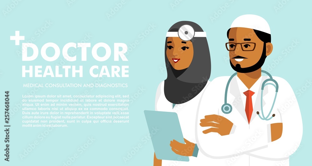 Medical background with muslim doctors characters. Web banner with team ...