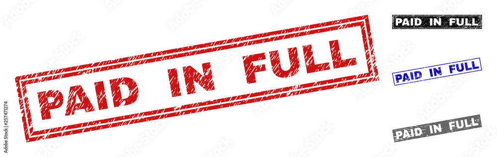 Grunge PAID IN FULL rectangle stamp seals isolated on a white ...