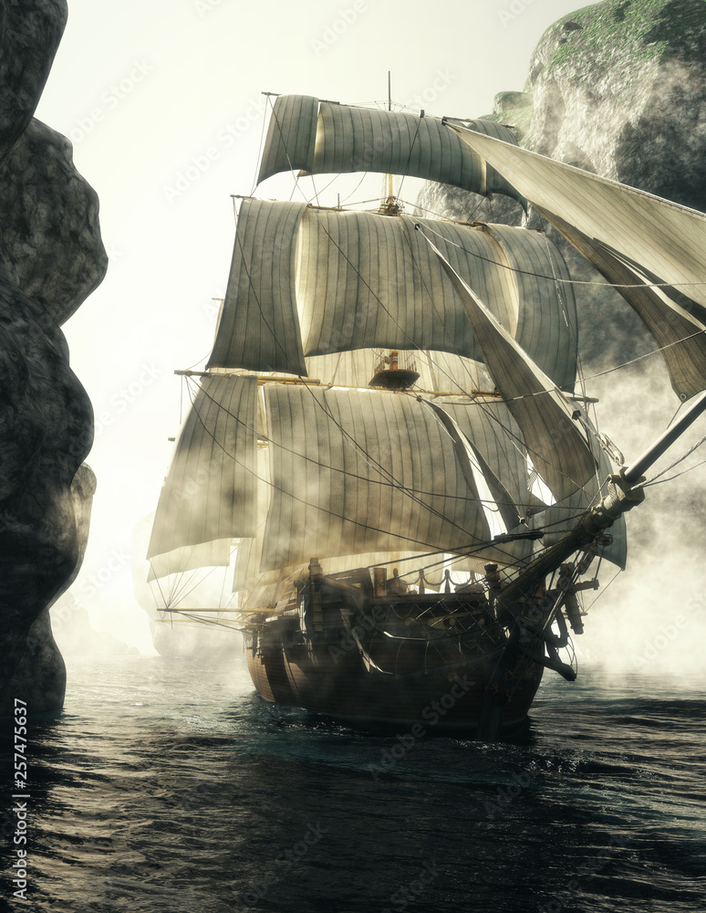 Front view of a pirate ship piercing through the fog of a narrow ...
