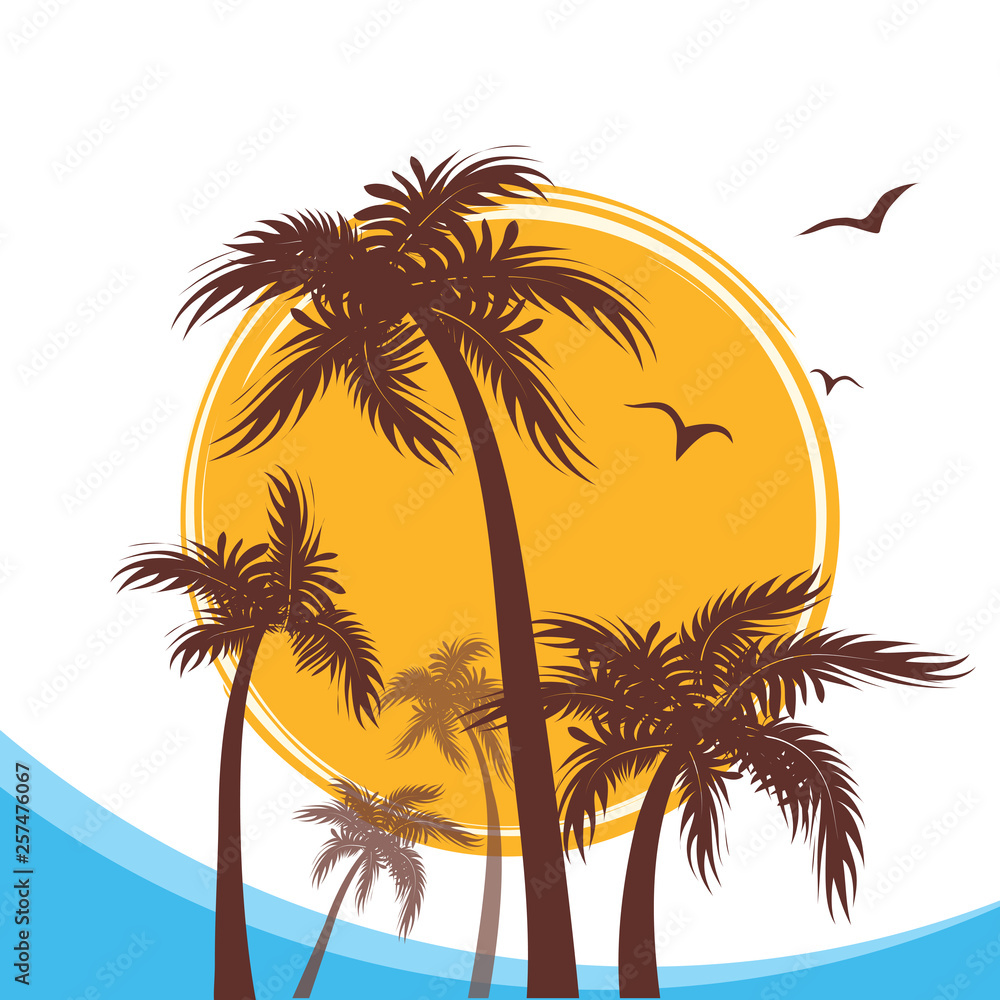 Tropical island paradise with palms silhouette and sun.Vector symbol ...