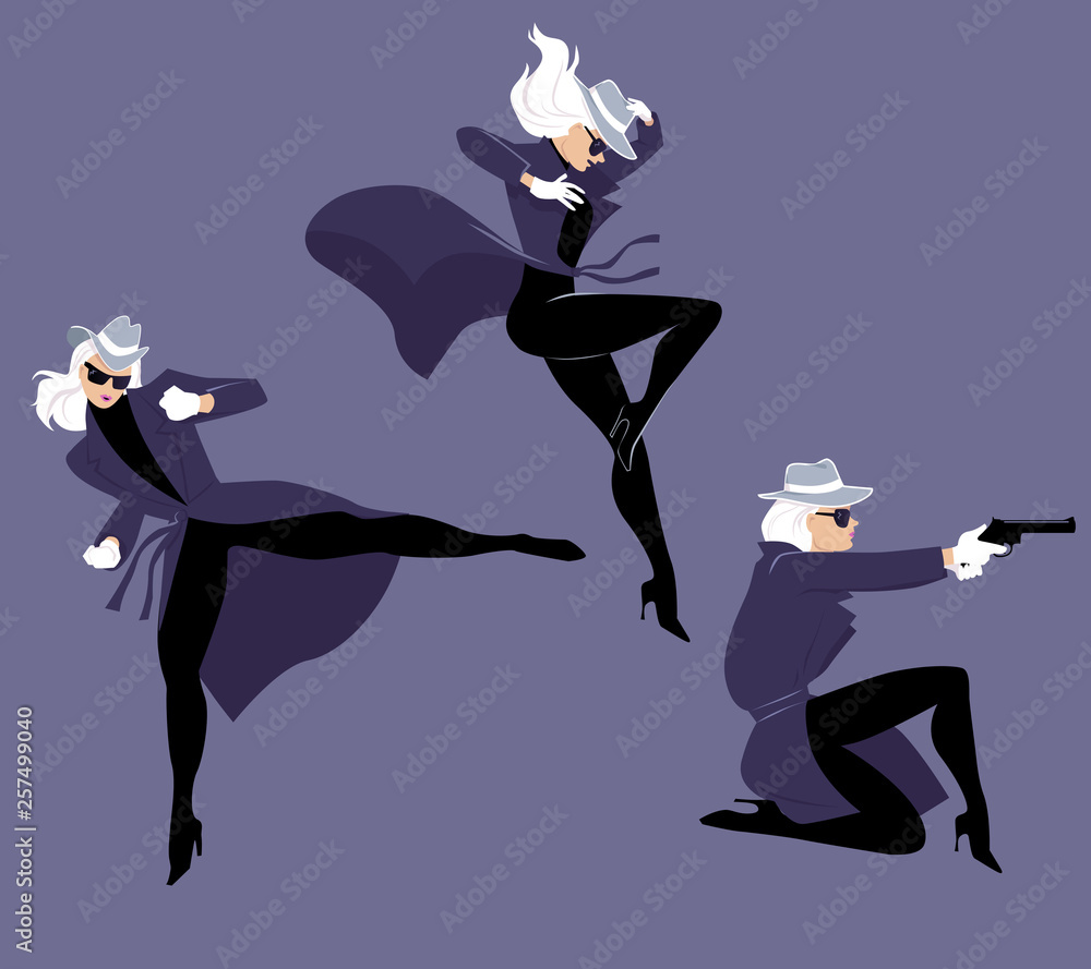 Mystery woman character in three action poses, EPS 8 vector ...