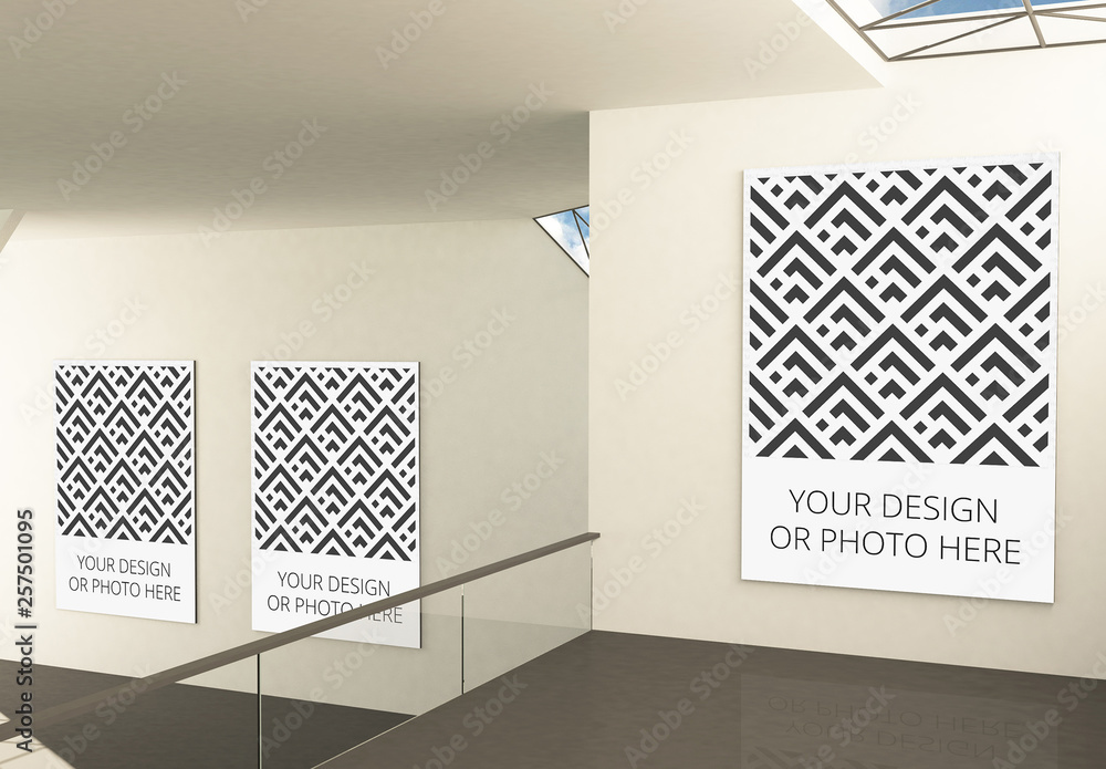 Exhibition Gallery Mockup with 3 Vertical Image Placeholders Stock ...