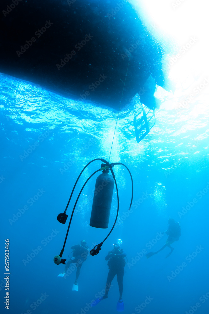 Scuba tank hanging underwater for divers making a safety stop after a ...