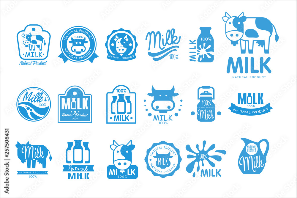 Milk natural product logo set, dairy product labels collection vector ...