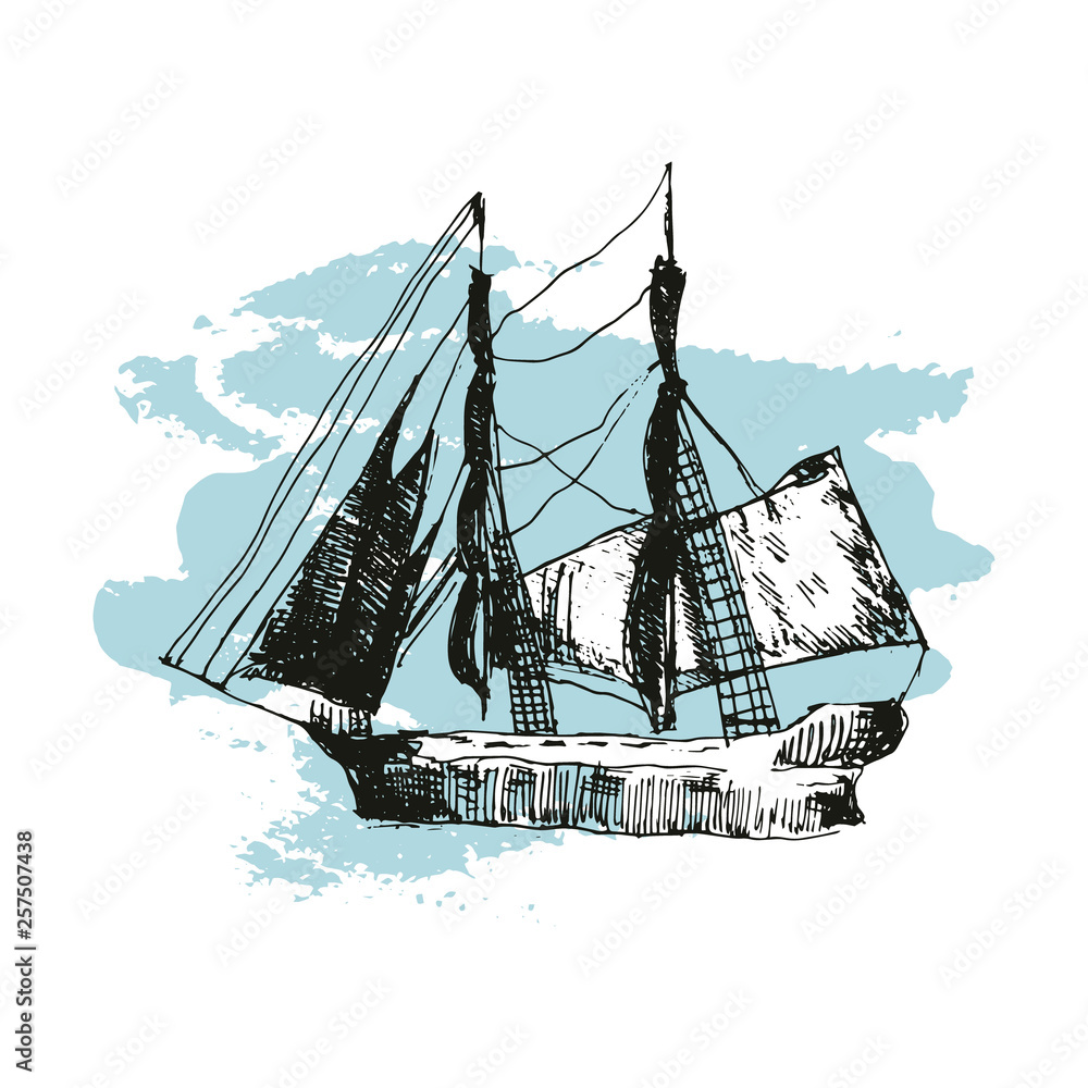 vector digital monochrome sketch of a big ship on a watercolor blue ...