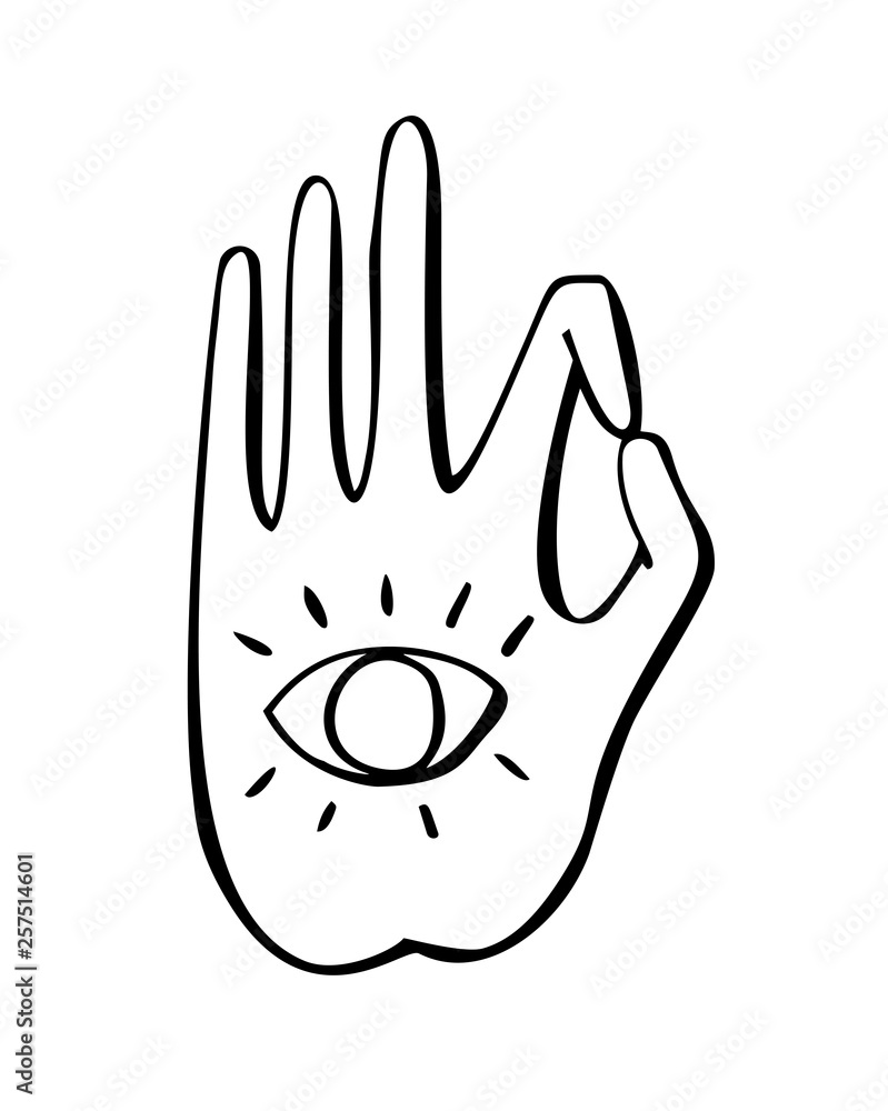 Vector illustration of a hand in a buddhist gesture with the eye symbol ...