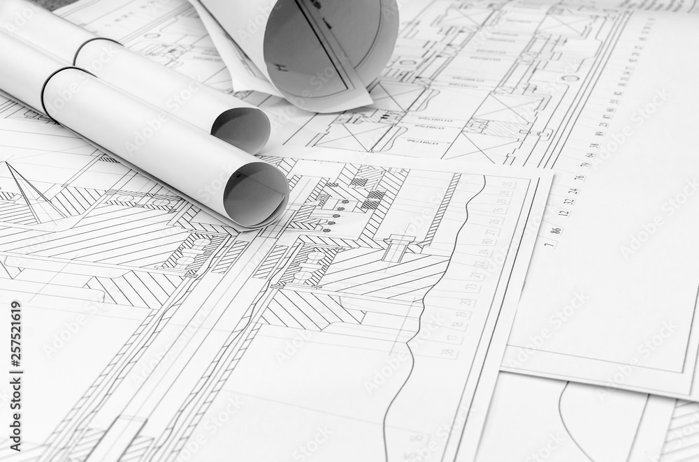 Technical drawing - machine parts close up Stock Photo | Adobe Stock