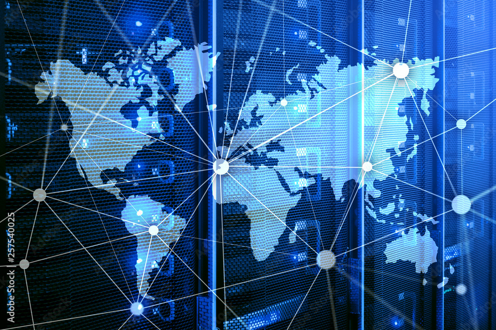 World map with communication network on server room background Stock ...