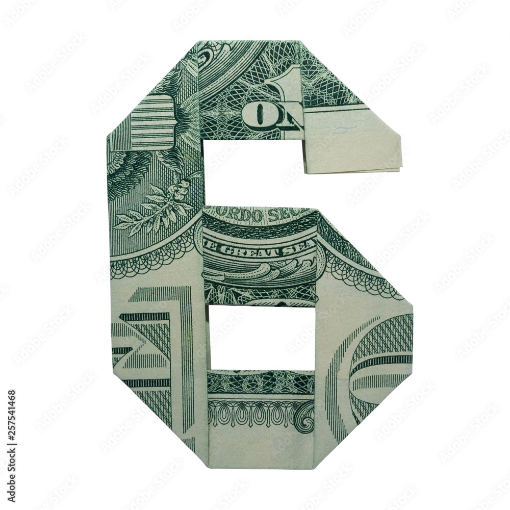 Money Origami DIGIT 6 Number Folded with Real One Dollar Bill Isolated ...