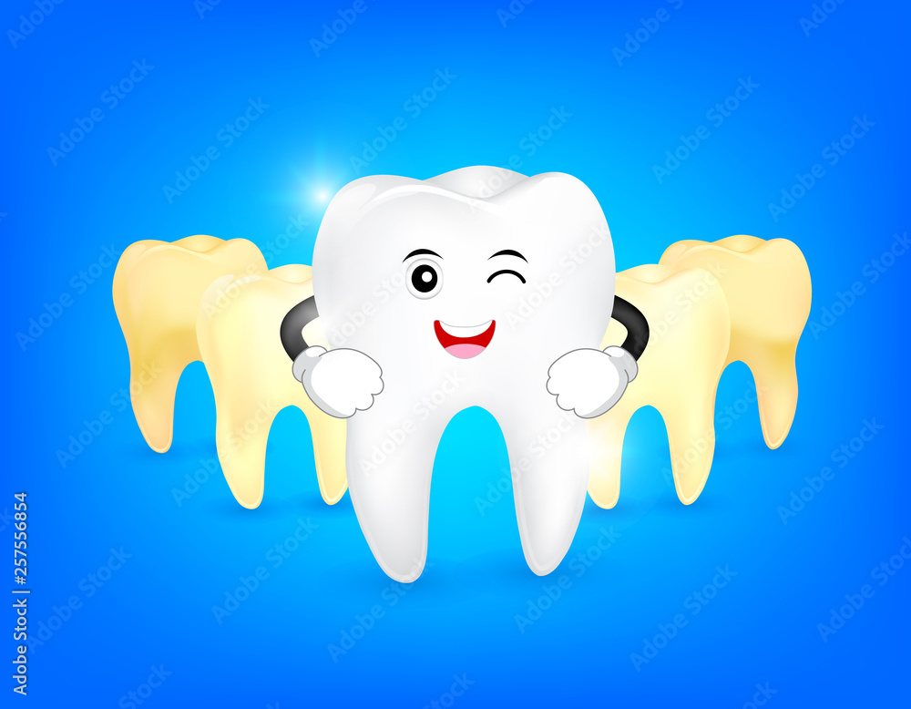 Cute cartoon tooth character whitening. Step of yellow to white. Dental ...