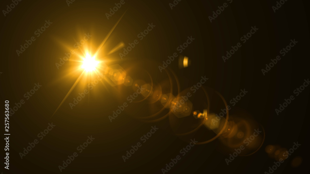 Lens flare glow light effect on black background. Easy to add overlay ...