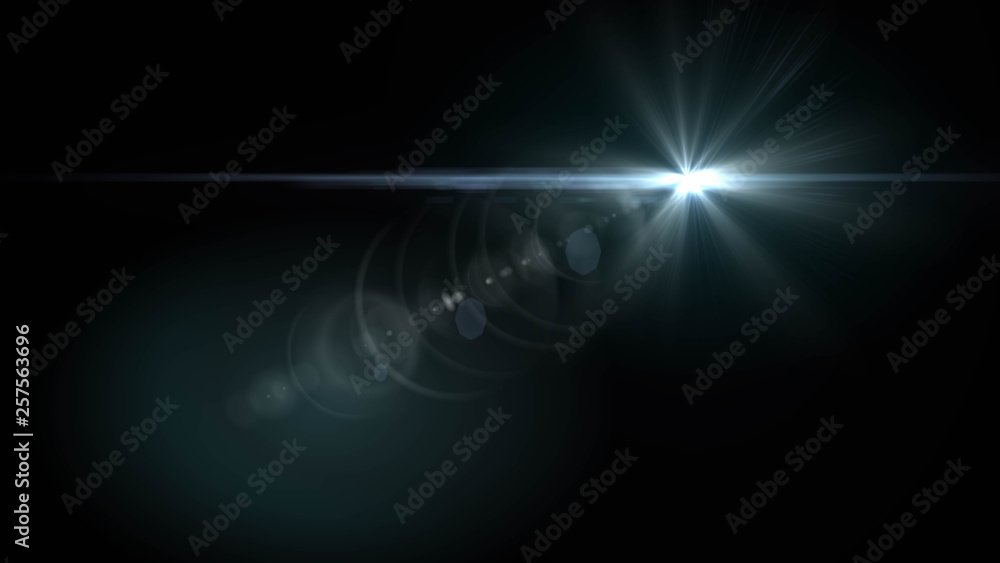 Lens flare glow light effect on black background. Easy to add overlay ...