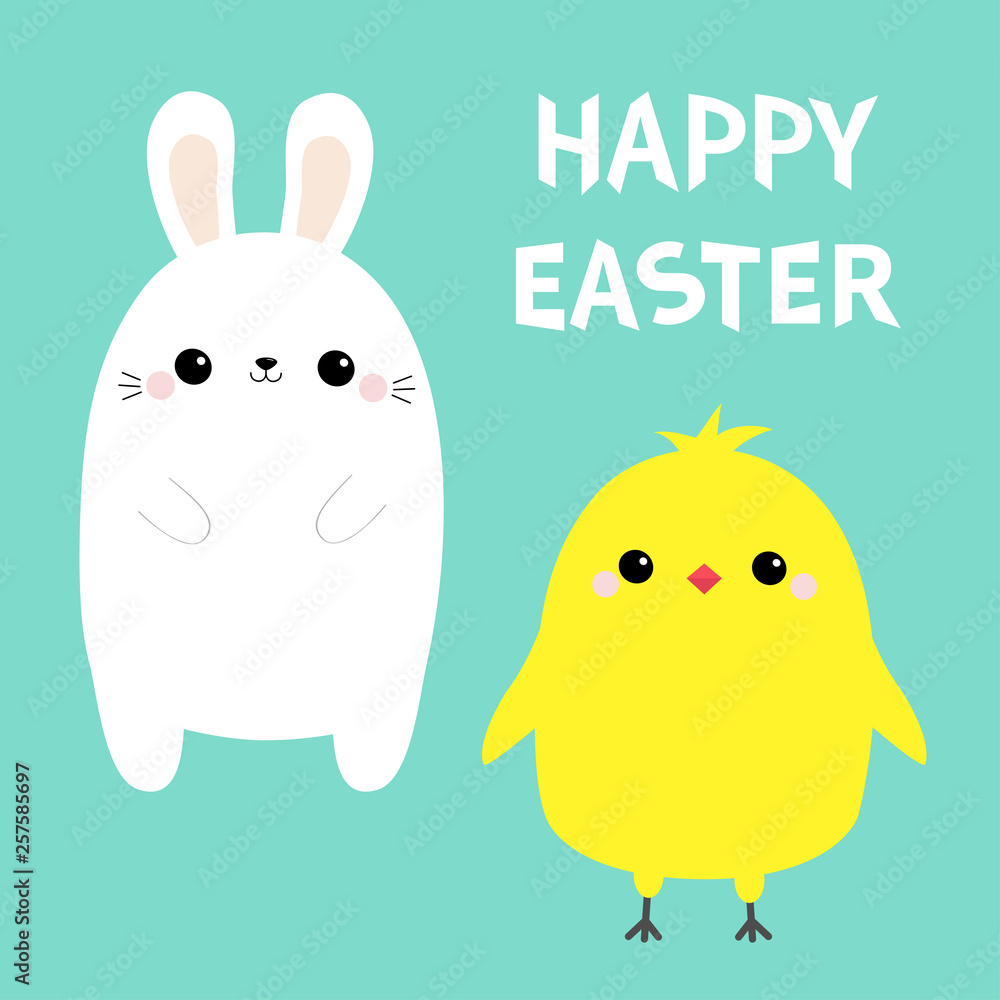 Happy Easter chicken bird, bunny set. White rabbit baby chick head face ...