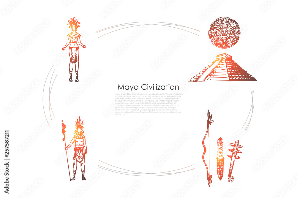 Maya civilization - Maya people, tools and pyramid vector concept set ...