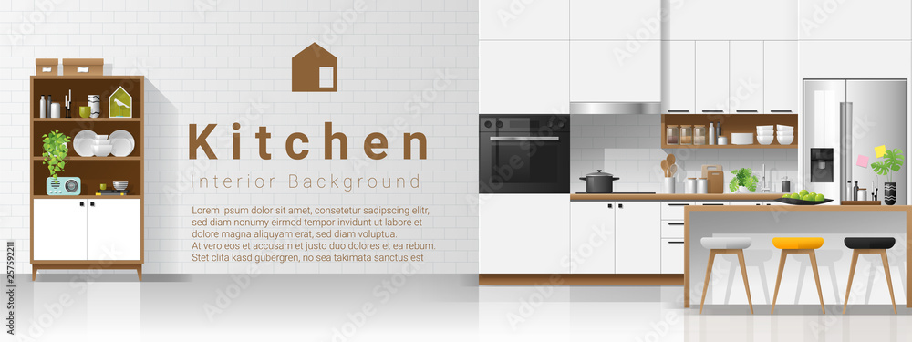 Modern white kitchen interior background , vector , illustration Stock ...