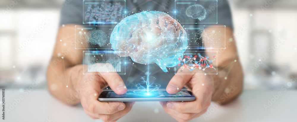 Businessman using digital 3D projection of a human brain 3D rendering ...