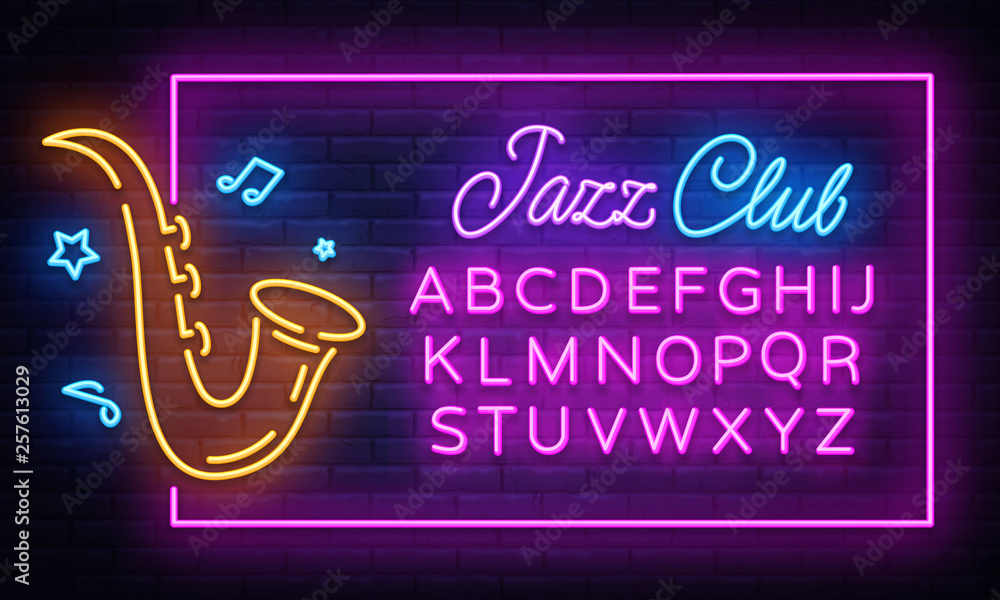 Jazz Music Neon Signboard in Frame Vector. Live music neon sign, design ...